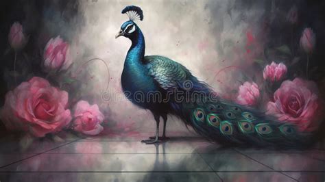 A Painting Of A Peacock Standing In Front Of A Rose Bush Stock