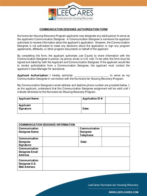 Fillable Online Communication Designee Authorization Form Hurricane