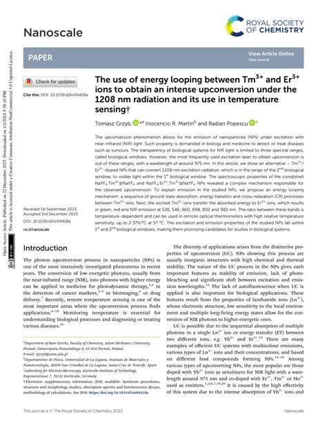 Pdf The Use Of Energy Looping Between Tm 3 And Er 3 Ions To Obtain