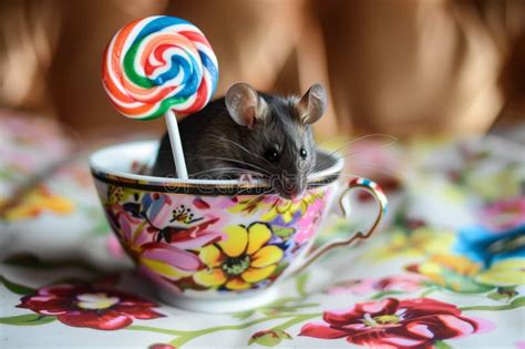 Mouse Inside A Teacup With Lollipop Handle Peeking Out Stock Image