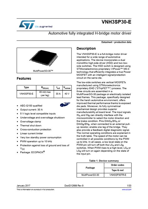 Vnh3sp30 E Automotive Fully Integrated H Bridge Motor Driver Vnh3sp30 E Automotive Fully Integrated H Bridge Motor Driver