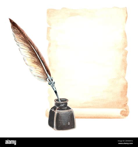 Sheet Of Parchment Paper And Inkwell With Feather Pen Vintage Writing