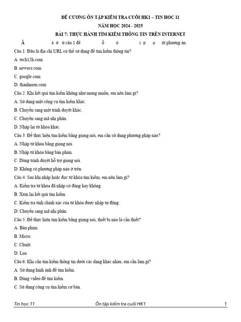Kda Hs ĐỀ CƯƠng Tin11 Chk1 2024 2025 Pdf