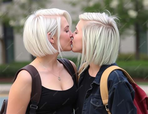 Two Blonde Women Are Kissing In Front Of A Building Premium Ai