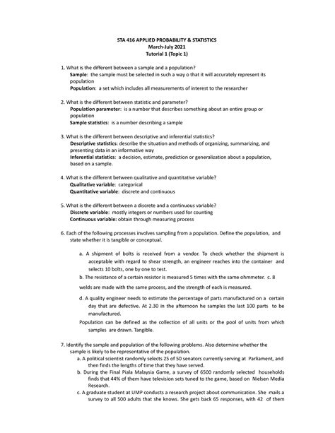 Tutorial 1 Sta 416 Applied Probability And Statistics March July 2021