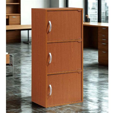 Lbaiet 35 6 In Tall Cherry Wood 3 Shelf Bookcase With 3 Doors Enclosed Storage 3 Tier