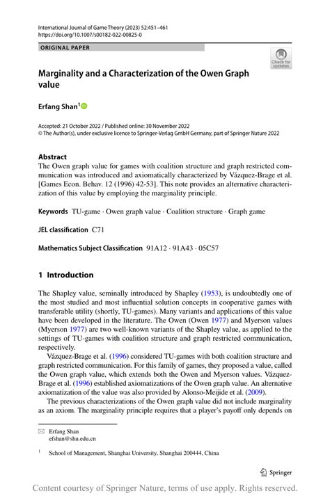 Marginality And A Characterization Of The Owen Graph Value Request Pdf