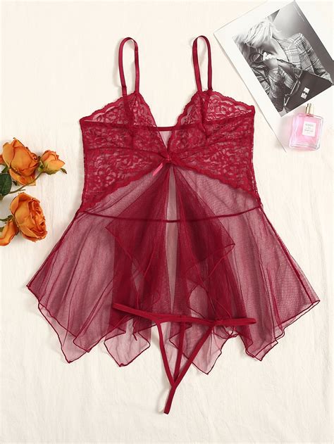 Floral Lace Contrast Mesh Slips With Thong Negative Apparel