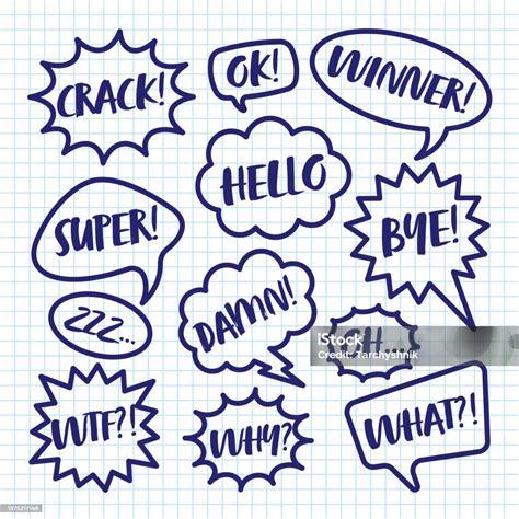 바둑판 무늬 종이에 손으로 그린 만화 말풍선 그림을 그리기 위한 학교 공책 간단한 복고풍 만화 스티커 채팅 메시지 상자 벡터 그림 개체 그룹에 대한 스톡 벡터 아트 및 기타