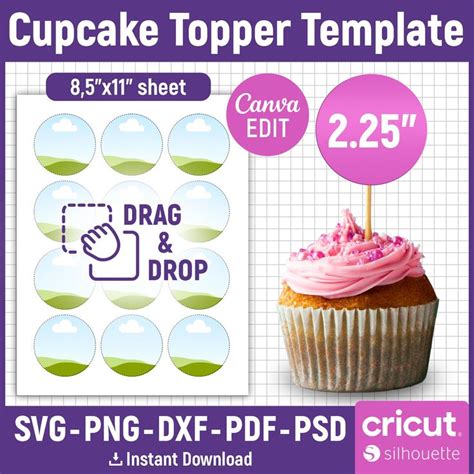 225 Inches Cupcake Topper Template Birthday Cake Topper Template