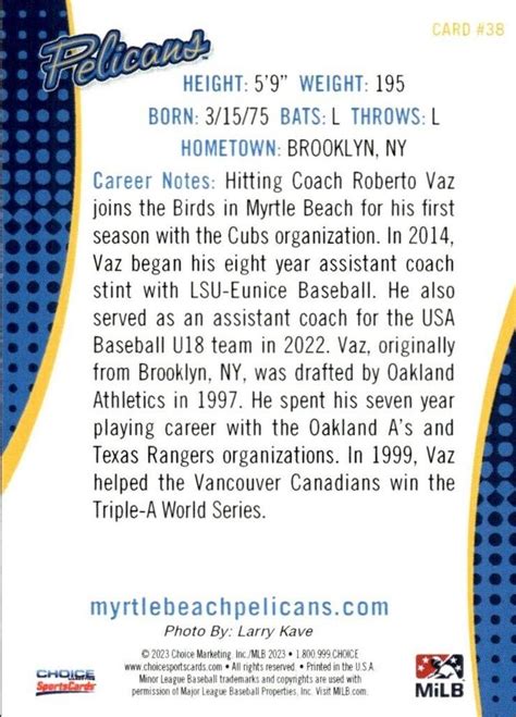 2023 Choice Myrtle Beach Pelicans 38 Roberto Vaz Trading Card Database