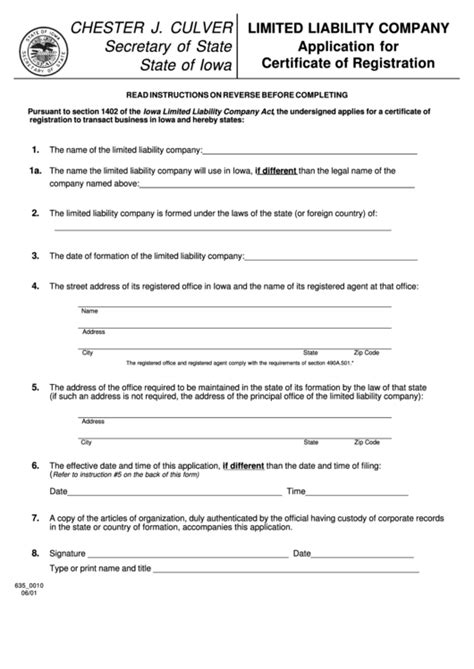 Iowa Certificate Of Organization Template Free