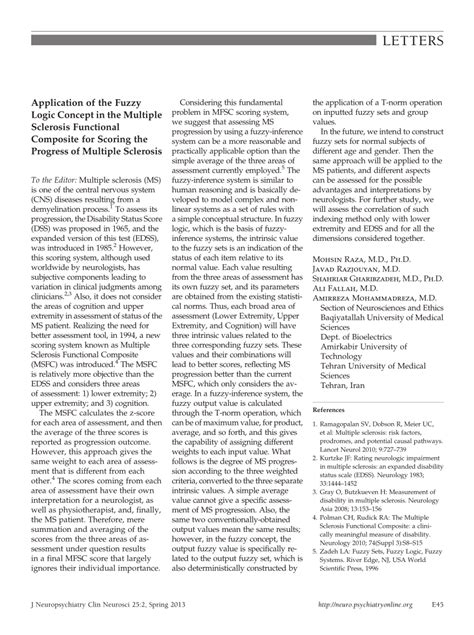 Pdf Application Of The Fuzzy Logic Concept In The Multiple Sclerosis