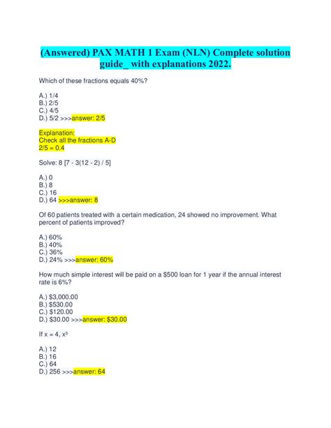 Answered Pax Math 1 Exam Nln Complete Solution Guide With