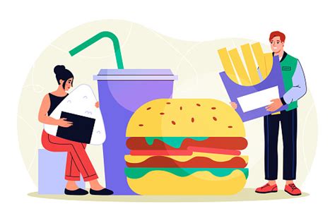 패스트 푸드를 가진 사람들 감자 튀김을 가진 남자와 거대한 햄버거 근처에서 음료를 가진 여자 테이크 아웃 식사를하는 사람들 정크