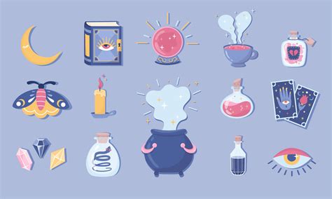 Set Of Magic Esoteric Elements In Flat Cartoon Style Magic Ball Book Of Spells Cauldron