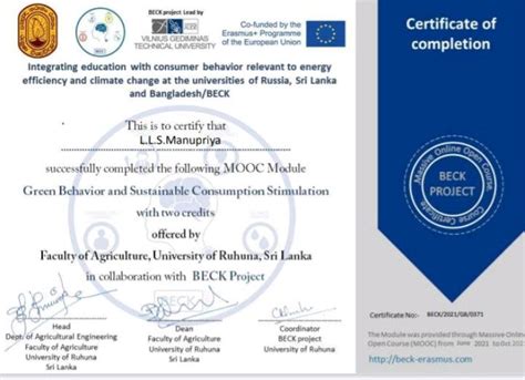 Successfully Completed Certificate Course Of Green Behavior And Sasanka Manupriya