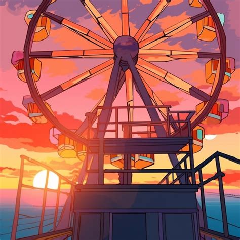 Premium Ai Image A Drawing Of A Ferris Wheel At Sunset With The Sun