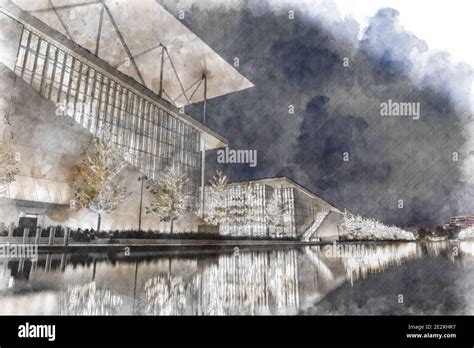 Watercolor Sketch Stavros Niarchos Foundation Cultural Park On Sunset