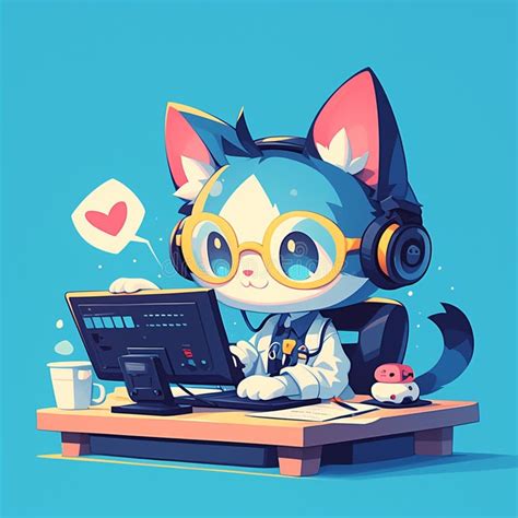 A Cute Cat Software Engineer Cartoon Style Stock Vector Illustration