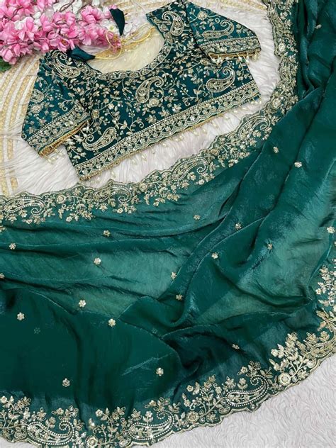 Exquisite Dark Green Embroidery Work Fancy Silk Saree With Rhapsodic F