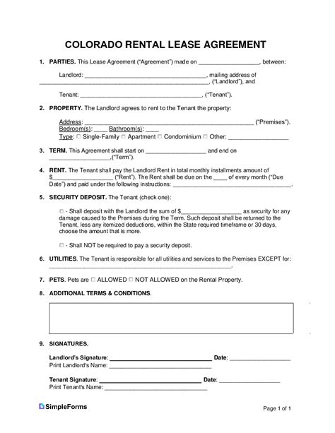 Colorado Simple 1 Page Residential Lease Agreement Templates Simple Forms