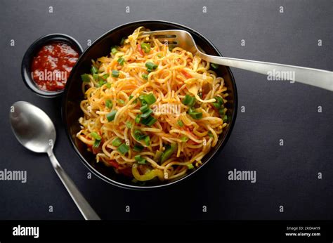 Close Up Of Chinese Style Shrimp Schezwan Noodles Vegetable Hakka
