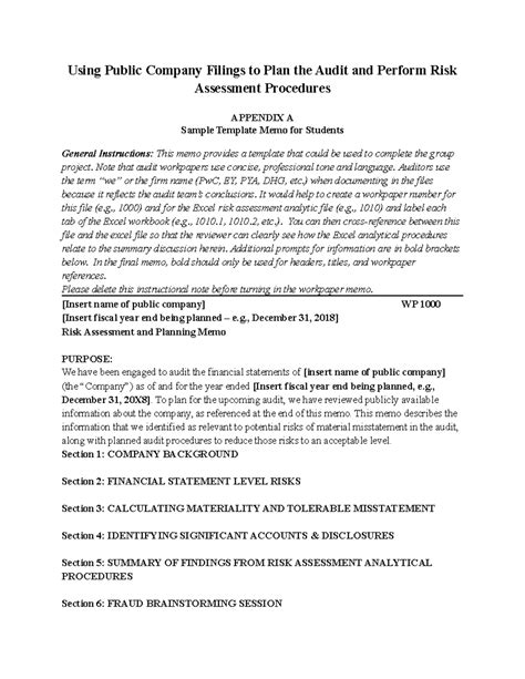 Sample Memo Template Using Public Company Filings To Plan The Audit