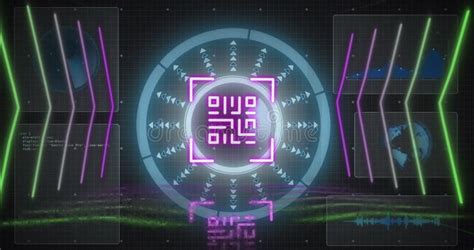 Image Of Qr Code And Scope Scanning Over Neon Lines On Black Background