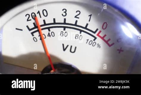 Detailed Extreme Close Up Moving Arrow Of Analog Vu Meter Scale Stock