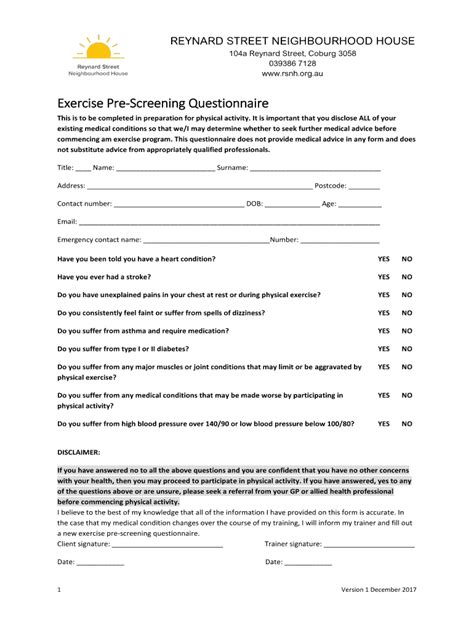 Fillable Online Exercise Pre Screening Questionnaire Fax Email Print