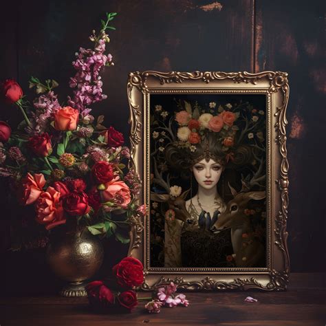 Dark Academia Print Woman With Fawndeer Moody Victorian Wall Art
