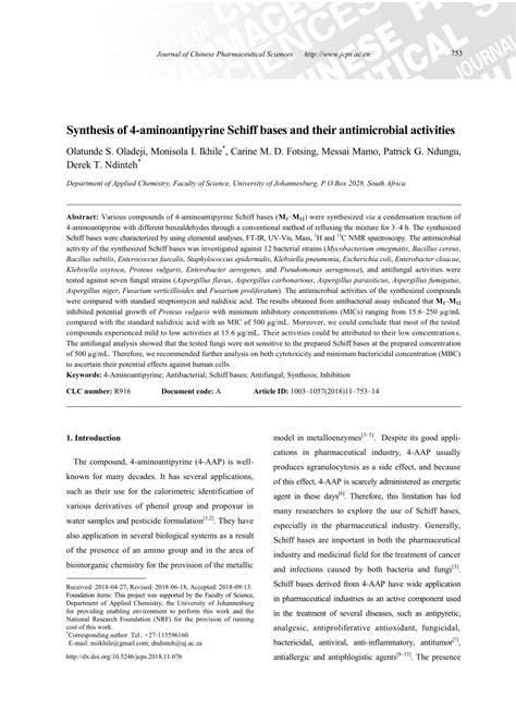 (PDF) Synthesis of 4-aminoantipyrine Schiff bases and their antimicrobial activities