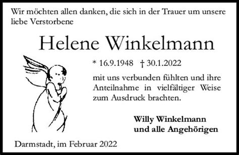 Traueranzeigen Von Helene Winkelmann Vrm Trauerde