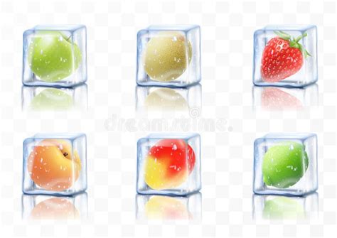 Frozen Juicy Fruits In Ice Cubes Apple Melon Lime Strawberry Peach Mango Realistic 3d