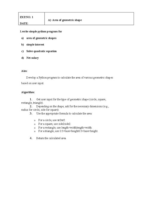 Python Labgk 1 Simple Python Program For A Area Of Geometric