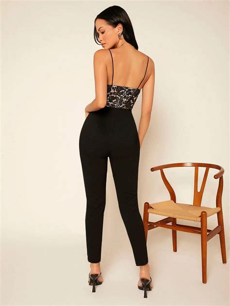Contrast Lace Unitard Cami Jumpsuit Comfy Jumpsuits