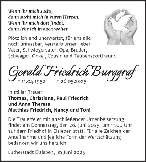 Traueranzeigen Von Gerald Friedrich Burggraf Abschied Nehmen De