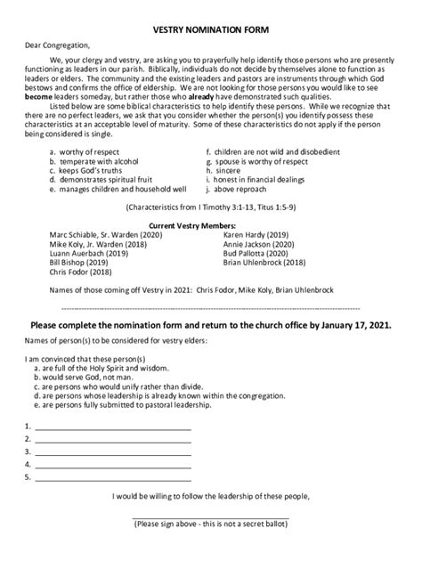 Fillable Online Annual Elder Vestry Nomination Form Fax Email Print Pdffiller