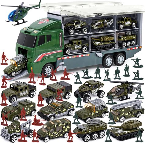 Lovestown 44pcs Large Military Truck Set 13pcs Mini Die Cast Military Toy Cars In