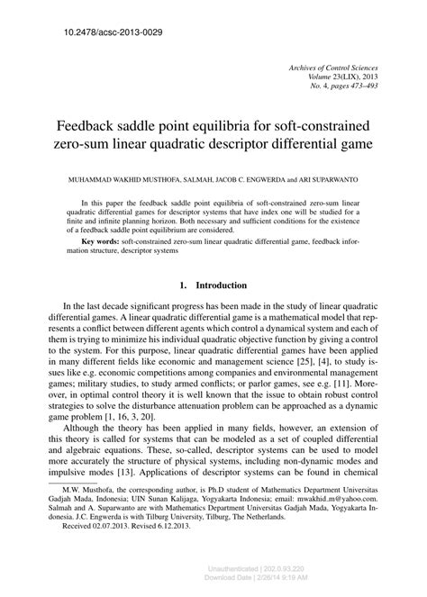 Pdf Feedback Saddle Point Equilibria For Soft Constrained Zero Sum Linear Quadratic Descriptor