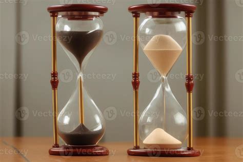Hourglass On Brown Table Two Retro Time Glass Countdown Timer Sand In