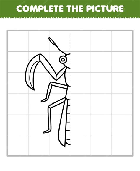 어린이를 위한 교육 게임은 인쇄 가능한 버그 워크시트를 그리기 위한 귀여운 만화 사마귀 절반 윤곽의 그림을 완성합니다