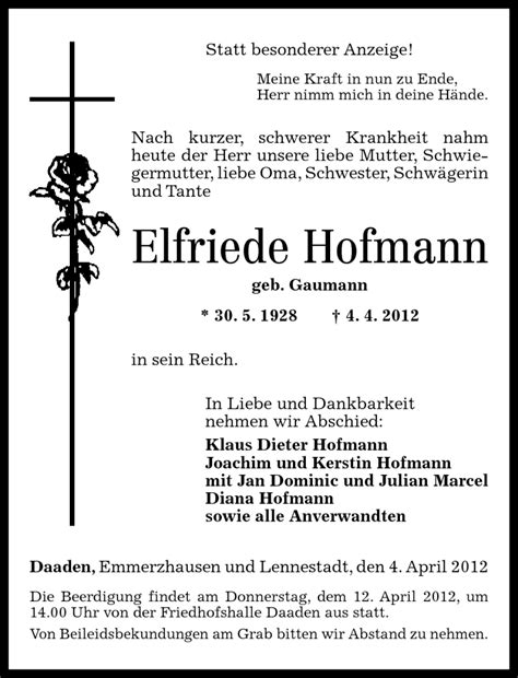 Traueranzeigen Von Elfriede Hofmann Rz Trauer De