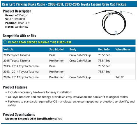 2006 2011 2013 2015 Toyota Tacoma Parking Brake Cable Ac Delco