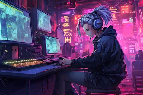 Premium Photo Beautiful Cyberpunk Anime Girl Hacker Illustration