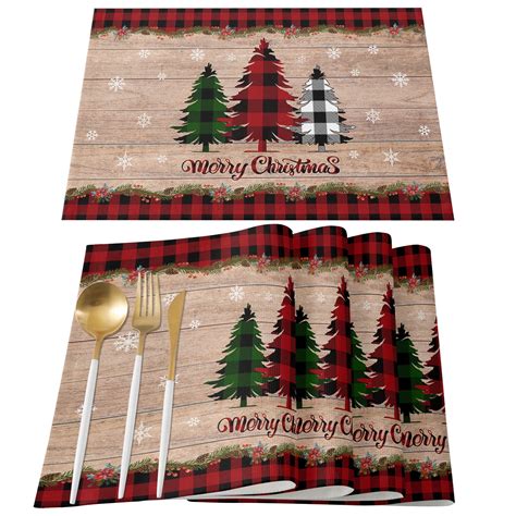 Merry Christmas Placemats Set Of 4 Cotton Linen Non Slip Washable Buffalo Plaid Xmas Tree