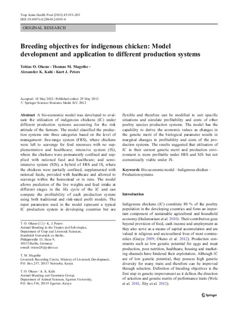 Pdf Breeding Objectives For Indigenous Chicken Model Development And
