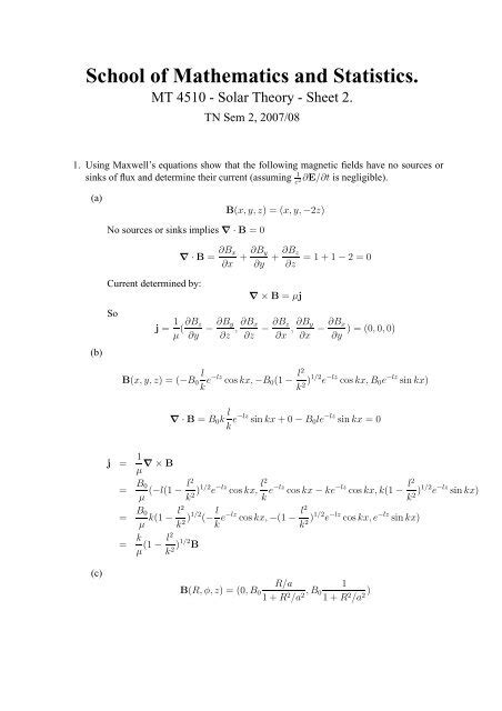 Example Solutions Sheet 2 Solar Theory Group