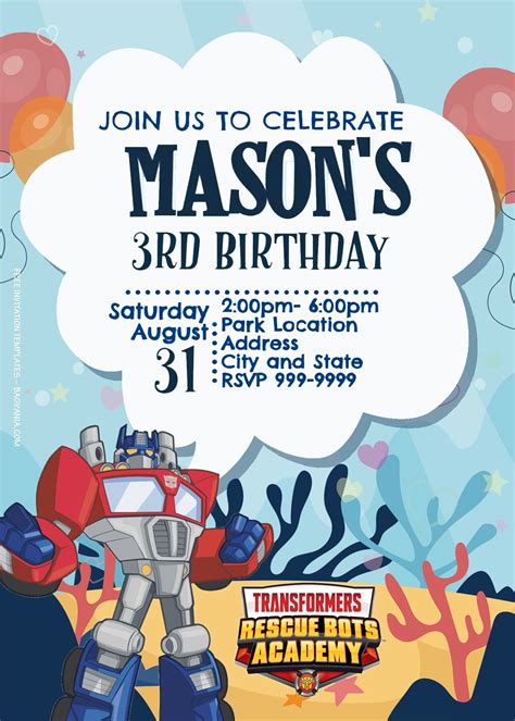 10 Transformer Rescue Bots Academy Roll Out Birthday Invitation
